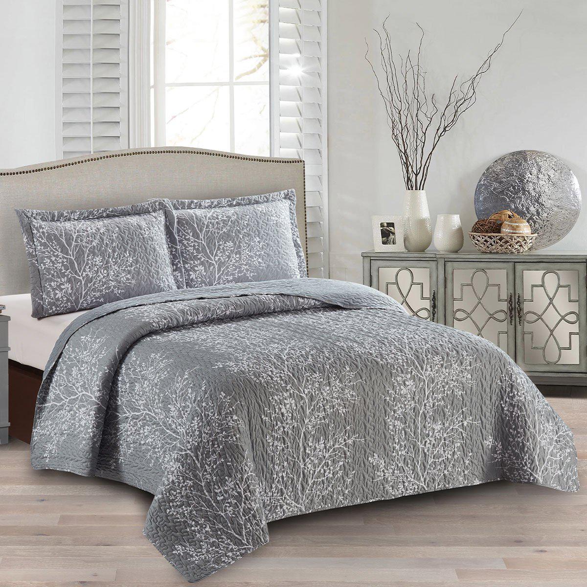 Odette Tree Branch Grey Quilt - Bedspread Set